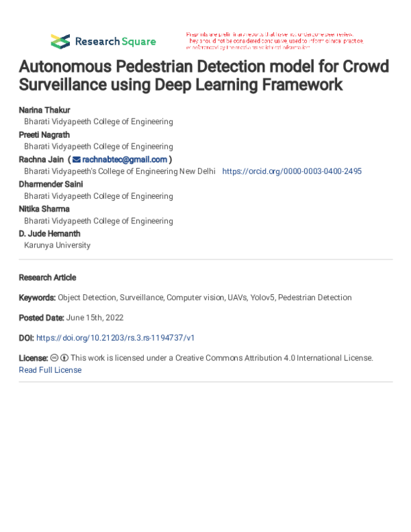 Pdf Autonomous Pedestrian Detection Model For Crowd Surveillance Using Deep Learning Framework
