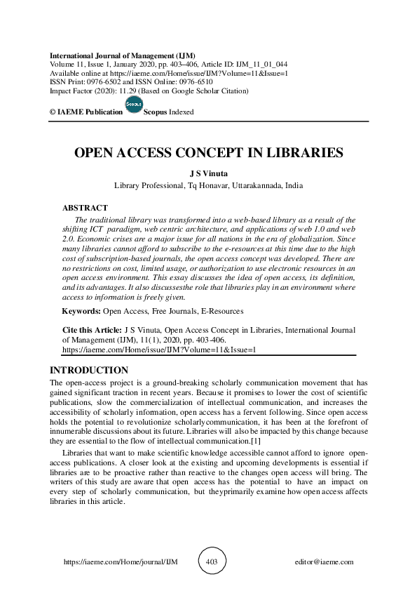 (PDF) OPEN ACCESS CONCEPT IN LIBRARIES