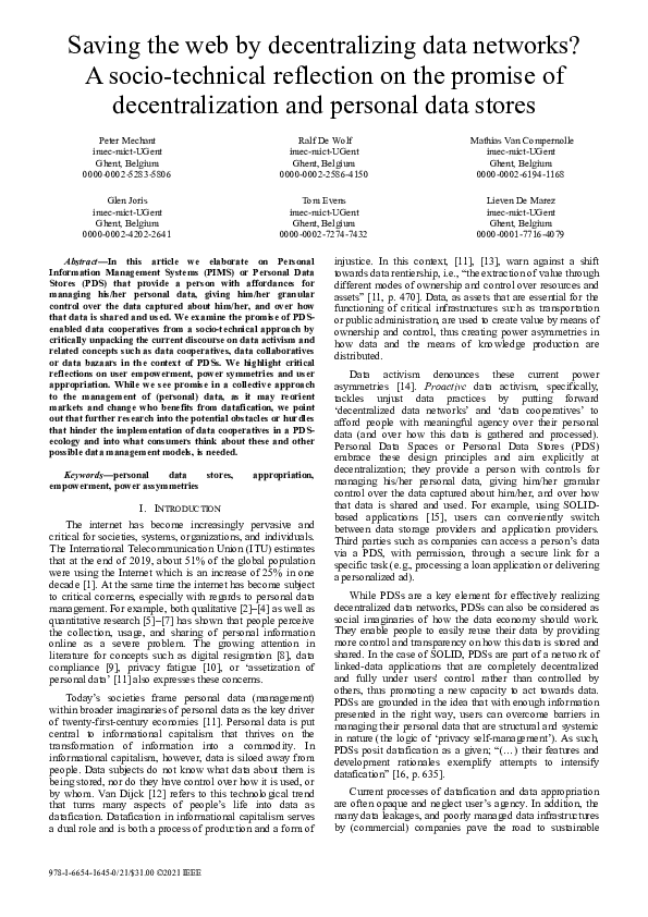(PDF) Saving the web by decentralizing data networks? A socio-technical reflection on the ...