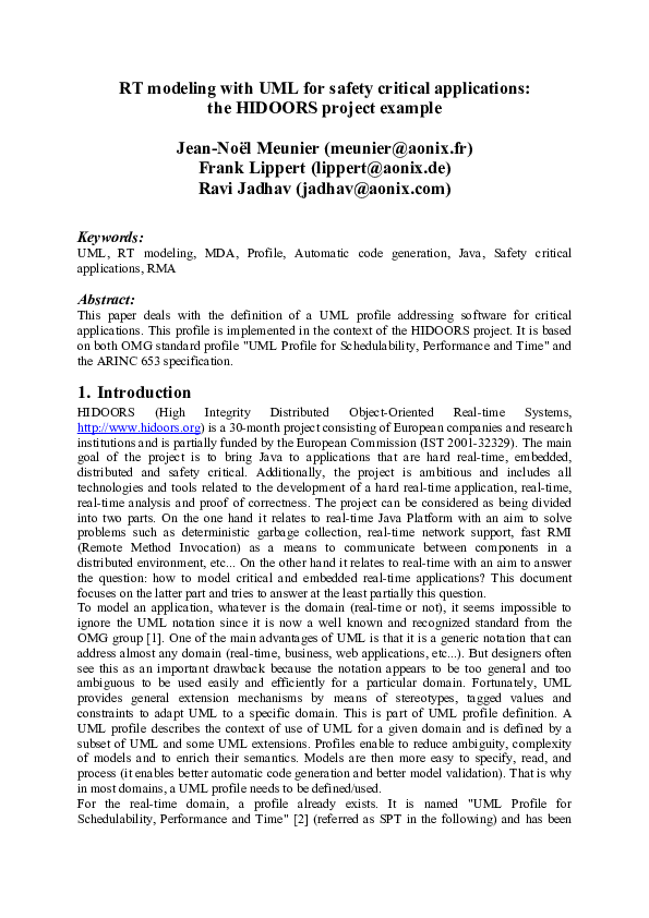 (PDF) RT Modeling With UML for Safety Critical Applications: the HIDOORS Project Example Jean ...