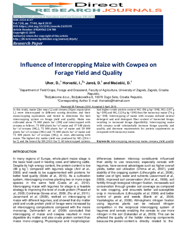 (PDF) Influence of Intercropping Maize with Cowpea on Forage Yield and ...