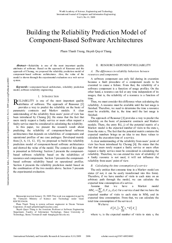 (PDF) Building The Reliability Prediction Model Of Component-Based ...