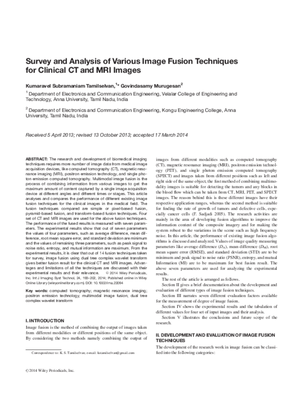 (PDF) Survey and analysis of various image fusion techniques for clinical CT and MRI images ...