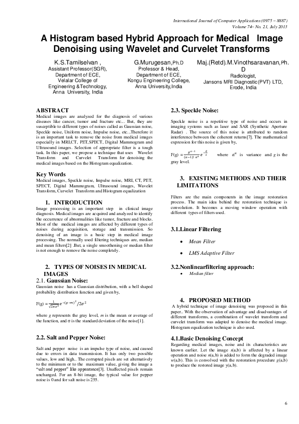 Pdf A Histogram Based Hybrid Approach For Medical Image Denoising Using Wavelet And Curvelet 