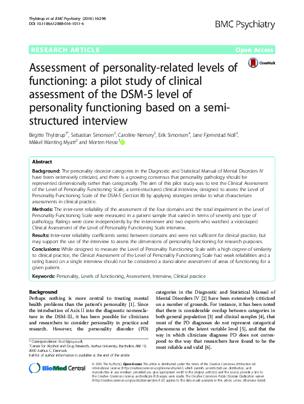 (PDF) Assessment of personality-related levels of functioning: a pilot ...
