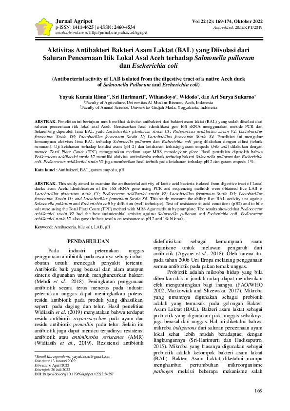 (PDF) Aktivitas Antibakteri Bakteri Asam Laktat (BAL) yang Diisolasi dari Saluran Pencernaan ...