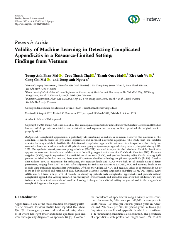 (PDF) Validity of Machine Learning in Detecting Complicated Appendicitis in a Resource-Limited ...
