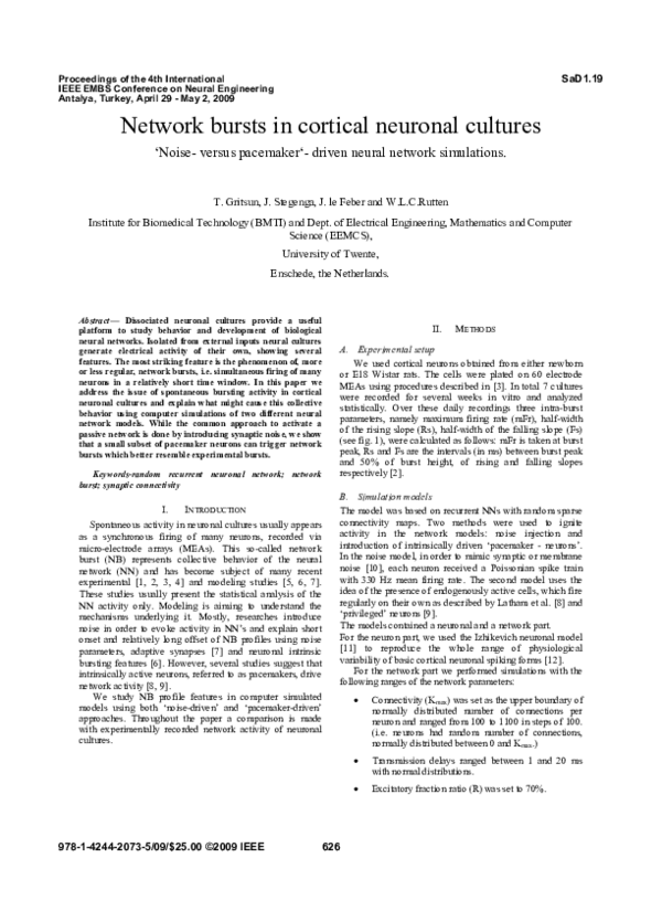 (PDF) Network bursts in cortical neuronal cultures ‘Noise- versus ...
