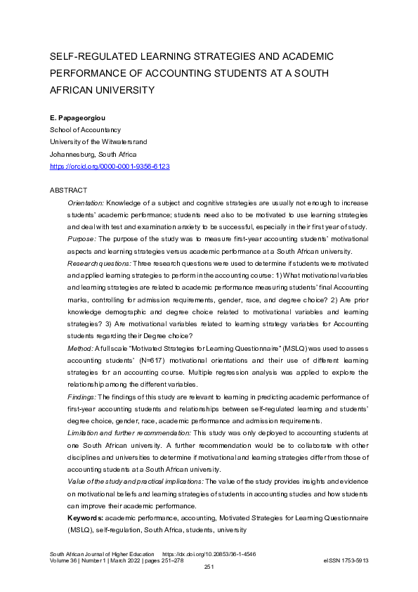 (PDF) Self-regulated learning strategies and academic performance of accounting students at a ...