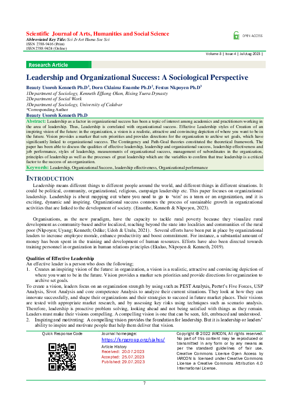 (PDF) Leadership and Organizational Success: A Sociological Perspective