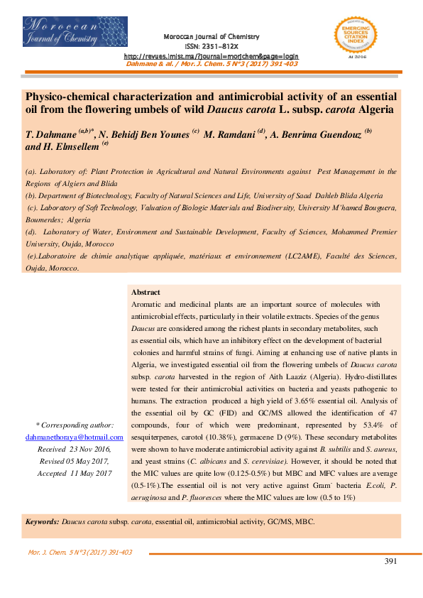 (PDF) Physico-chemical characterization and antimicrobial activity of an essential oil from the ...