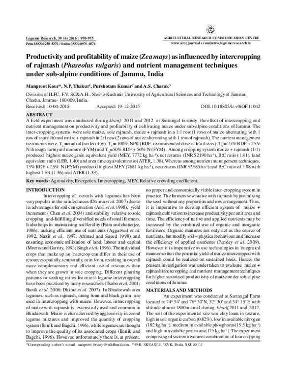 (PDF) Productivity and profitability of maize (Zea mays) as influenced ...