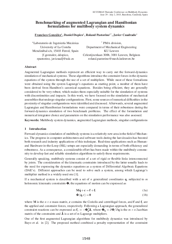 (PDF) Benchmarking of augmented Lagrangian and Hamiltonian formulations for multibody system ...