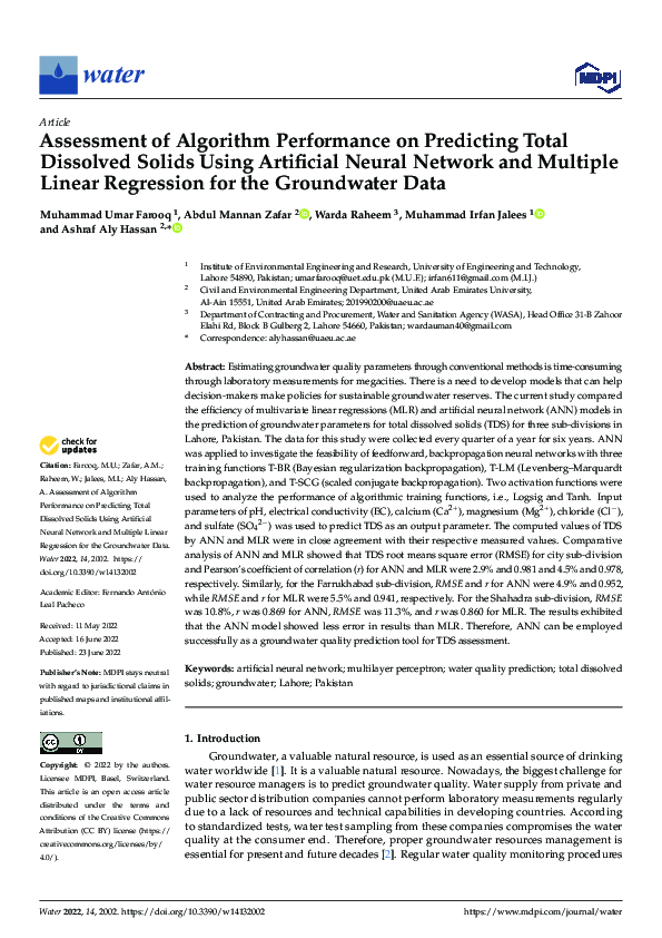 Pdf Assessment Of Algorithm Performance On Predicting Total Dissolved Solids Using Artificial