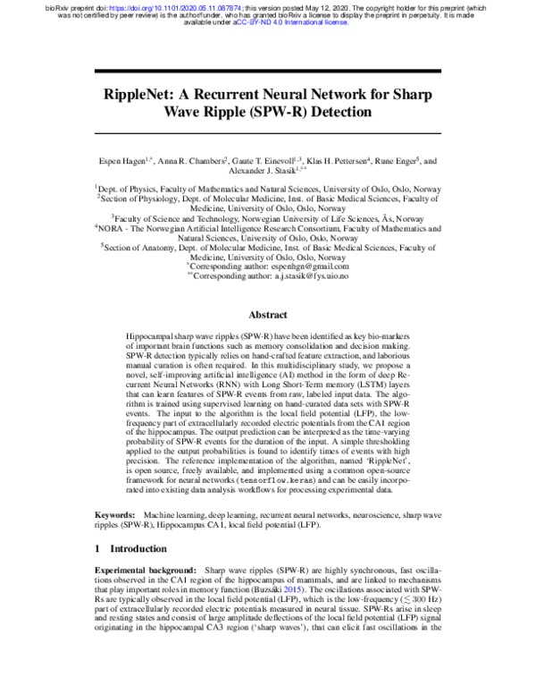 (PDF) RippleNet: A Recurrent Neural Network for Sharp Wave Ripple (SPW-R) Detection | Klas ...