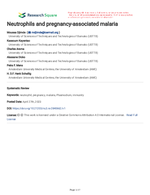 (PDF) Neutrophils and pregnancy-associated malaria