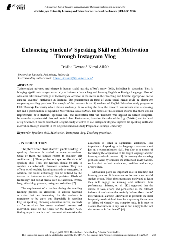 (PDF) Enhancing Students’ Speaking Skill and Motivation Through Instagram Vlog