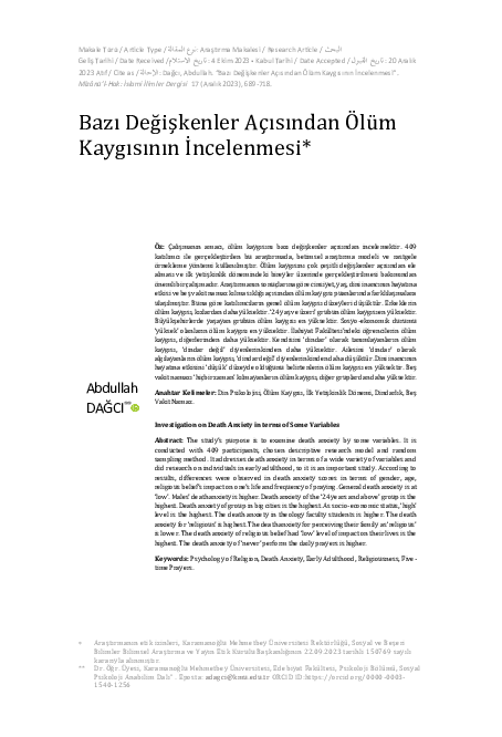 (PDF) Bazı Değişkenler Açısından Ölüm Kaygısının İncelenmesi ...