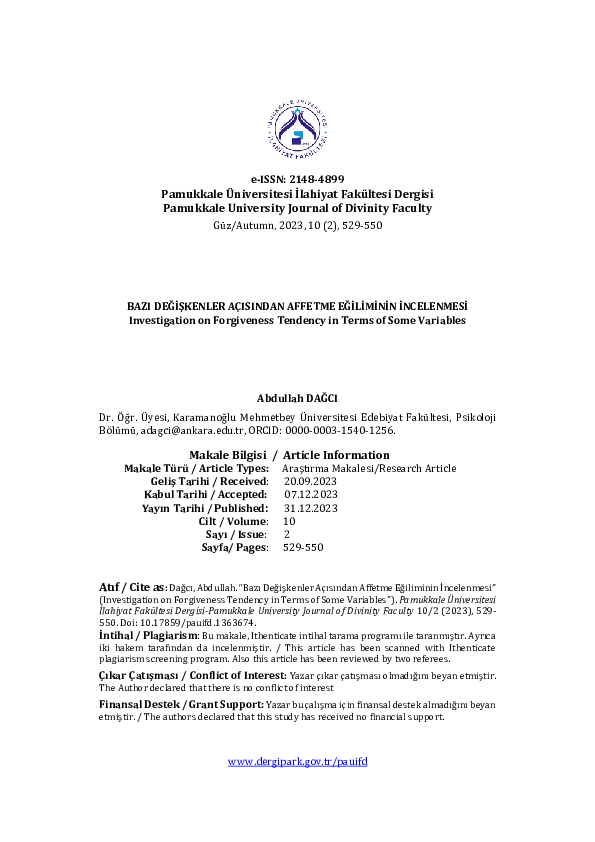(PDF) Bazı Değişkenler Açısından Affetme Eğiliminin İncelenmesi ...