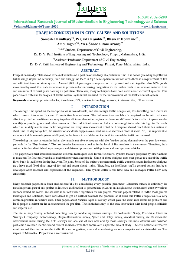 (PDF) TRAFFIC CONGESTION IN CITY: CAUSES AND SOLUTIONS