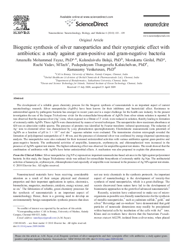 (PDF) Biogenic synthesis of silver nanoparticles and their synergistic effect with antibiotics ...