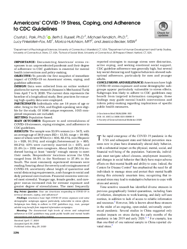 (PDF) Americans’ COVID-19 Stress, Coping, and Adherence to CDC ...