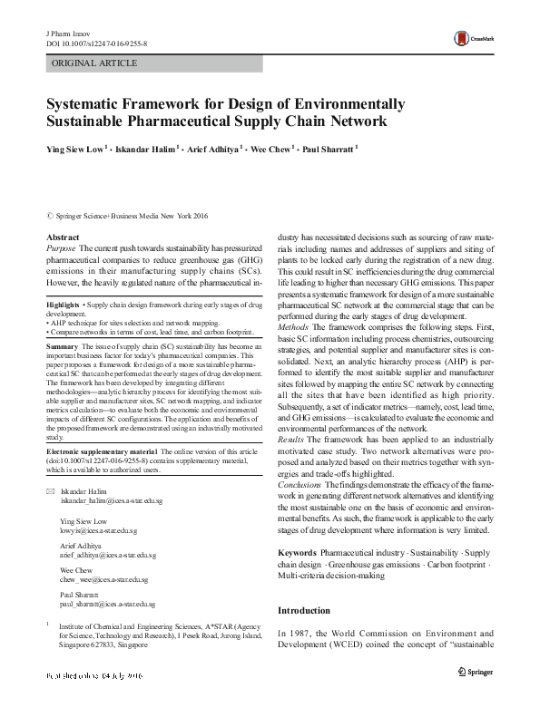 (PDF) Systematic Framework for Design of Environmentally Sustainable Pharmaceutical Supply Chain ...