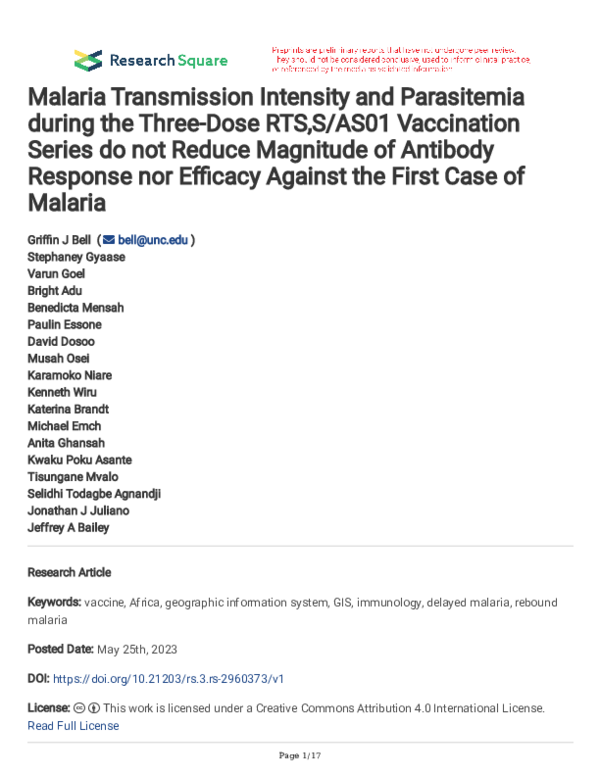 (PDF) Malaria Transmission Intensity and Parasitemia during the Three ...