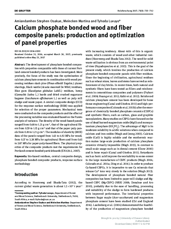 (PDF) Calcium phosphate bonded wood and fiber composite panels: production and optimization of ...
