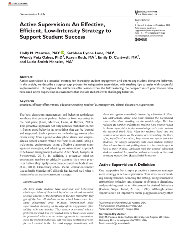 (PDF) Active Supervision: An Effective, Efficient, Low-Intensity Strategy to Support Student Success