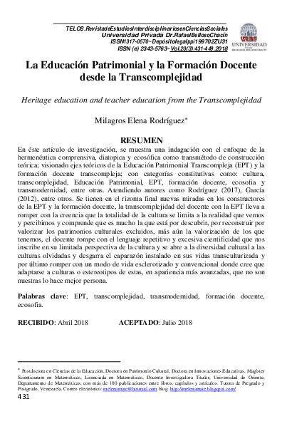 (PDF) La Educación Patrimonial y la Formación Docente desde la Transcomplejidad