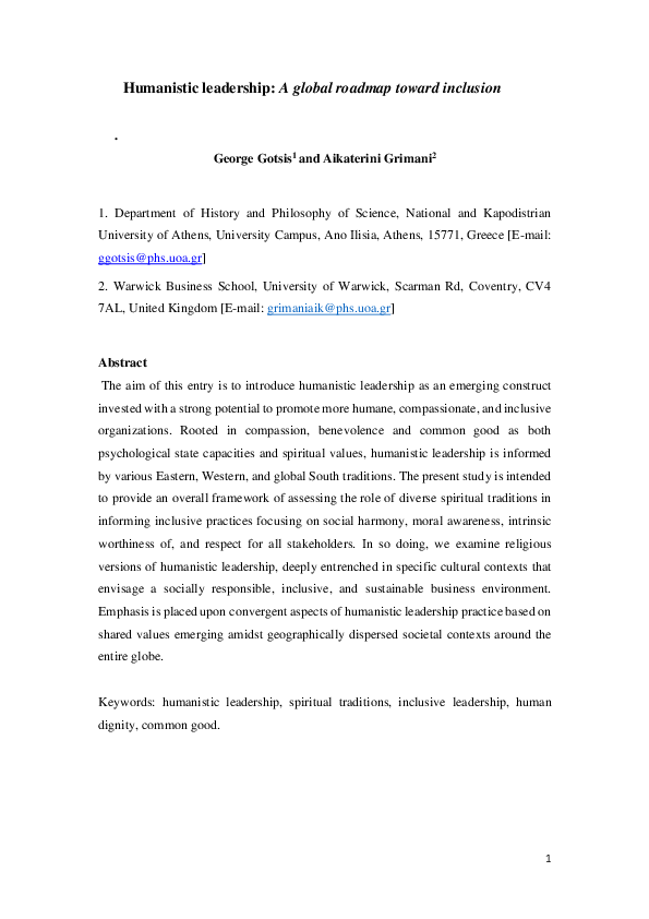 (PDF) Gotsis, G., Grimani, A. (2024). Humanistic Leadership. In ...