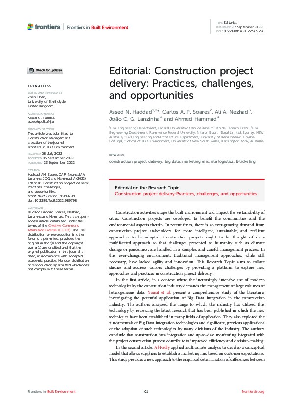 (PDF) Editorial: Construction project delivery: Practices, challenges ...