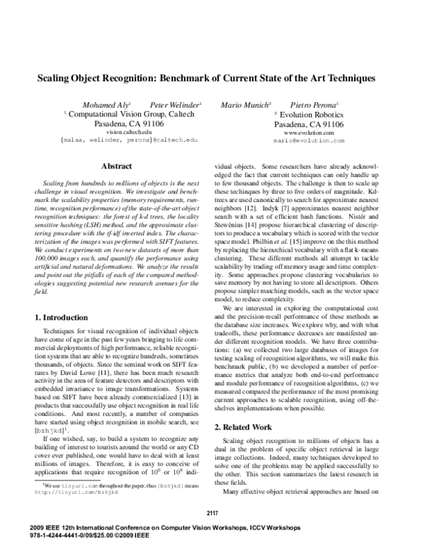 (PDF) Scaling object recognition: Benchmark of current state of the art techniques
