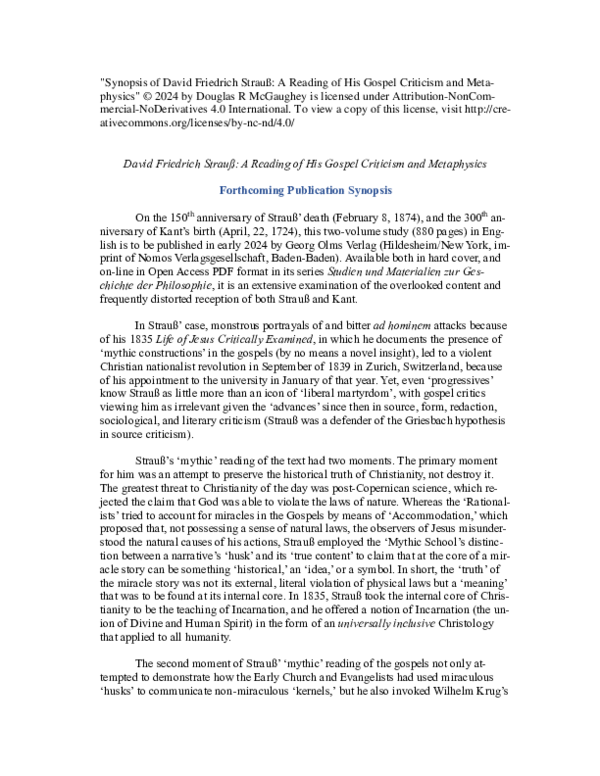 (PDF) "Synopsis of David Friedrich Strauß: A Reading of His Gospel ...