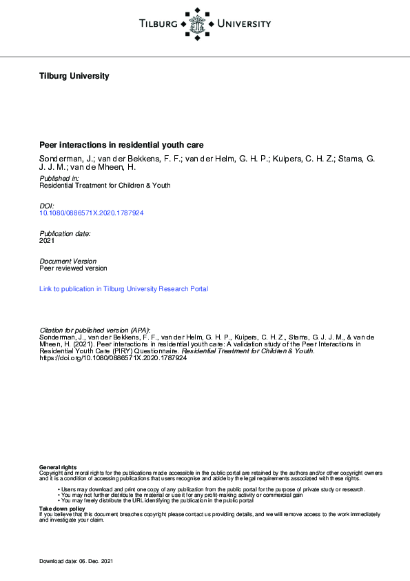 (PDF) Peer Interactions in Residential Youth Care: A Validation Study ...