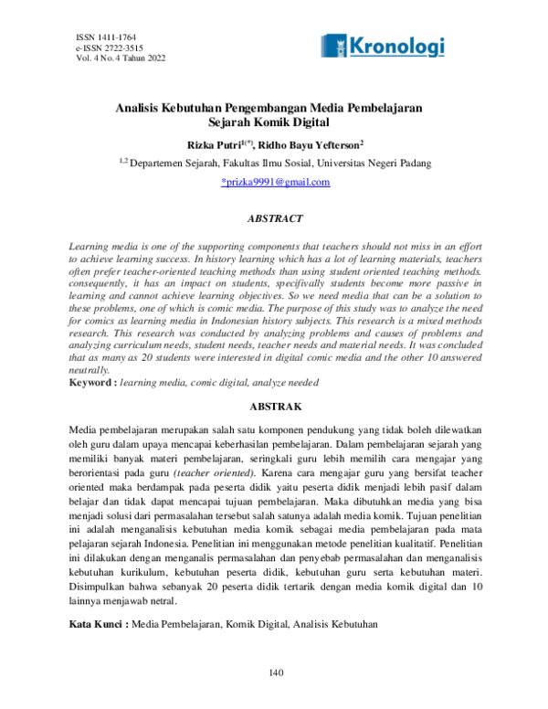 (PDF) Analisis Kebutuhan Pengembangan Media Pembelajaran Sejarah Komik Digital