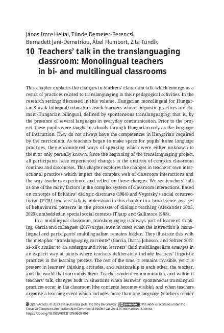 (PDF) 10 Teachers’ talk in the translanguaging classroom: Monolingual ...