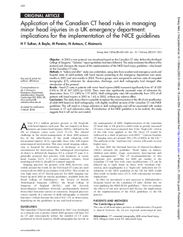 (PDF) Application of the Canadian CT head rules in managing minor head ...