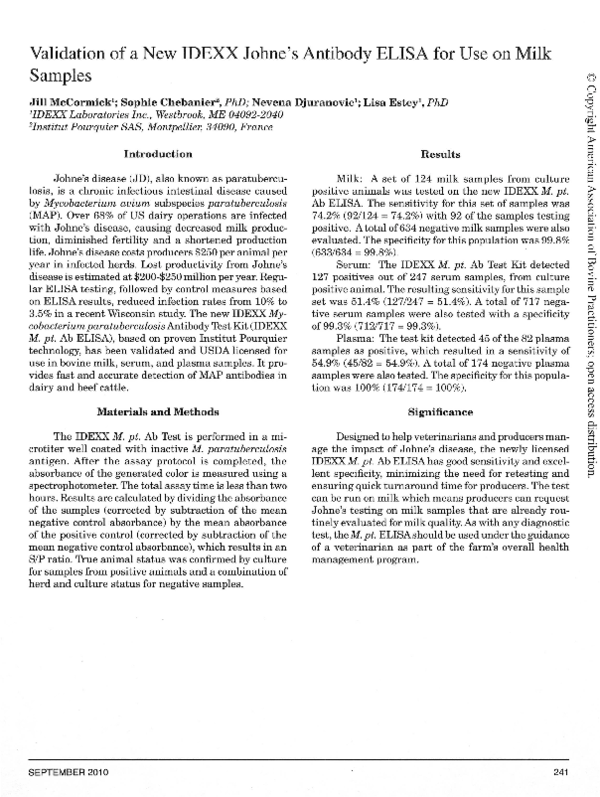 (PDF) Validation of a New IDEXX Johne's Antibody ELISA for Use on Milk ...