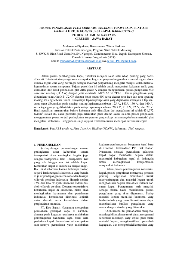 (PDF) Proses Pengelasan Flux Core Arc Welding (Fcaw) Pada Plat Abs Grade a Untuk Konstruksi ...