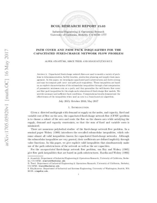 (PDF) Path Cover and Path Pack Inequalities for the Capacitated Fixed-Charge Network Flow Problem