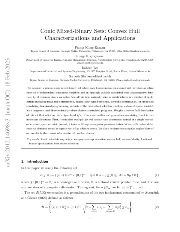 (PDF) Conic Mixed-Binary Sets: Convex Hull Characterizations and ...
