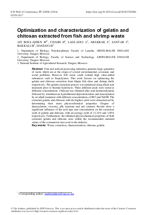 (PDF) Optimization and characterization of gelatin and chitosan extracted from fish and shrimp waste