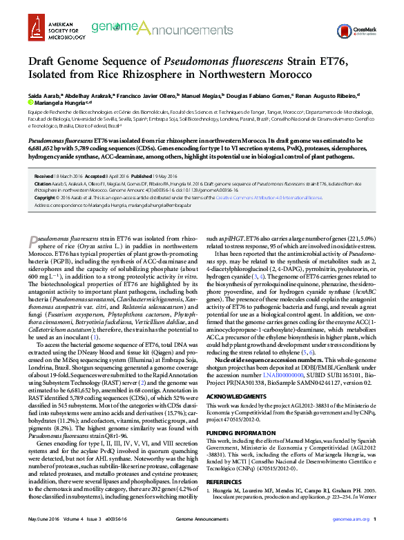 (PDF) Draft Genome Sequence of Pseudomonas fluorescens Strain ET76, Isolated from Rice ...