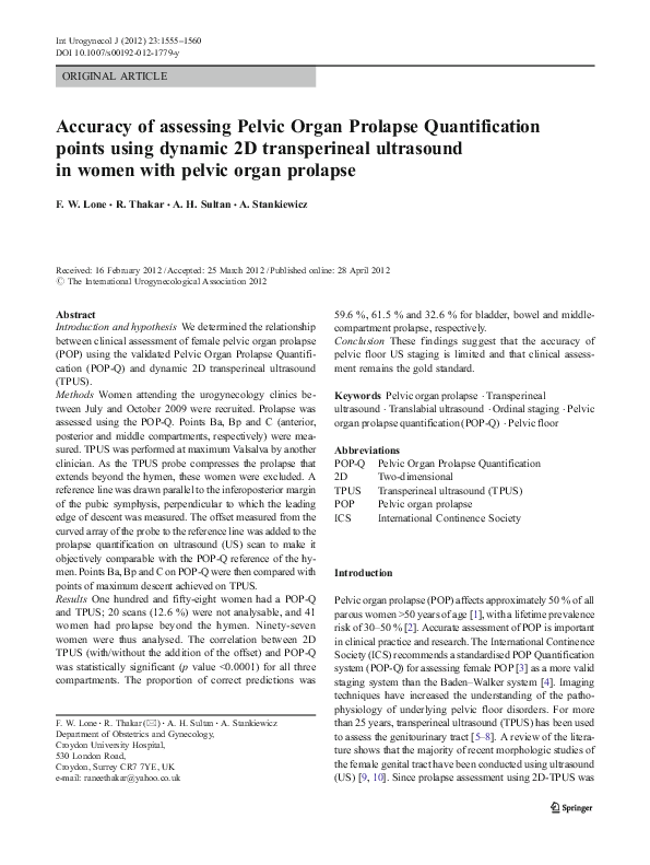 (PDF) Accuracy of assessing Pelvic Organ Prolapse Quantification points using dynamic 2D ...