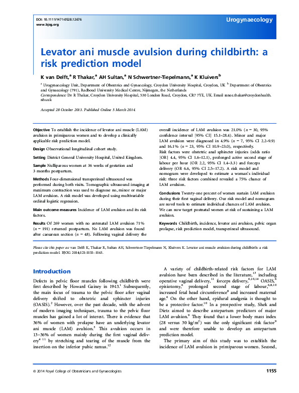 (PDF) Levator ani muscle avulsion during childbirth: a risk prediction ...