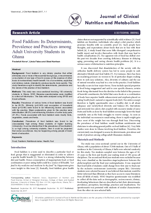 (PDF) Food Faddism: Its Determinants, Prevalence and Practices among ...