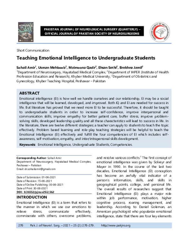 (PDF) Teaching Emotional Intelligence to Undergraduate Students