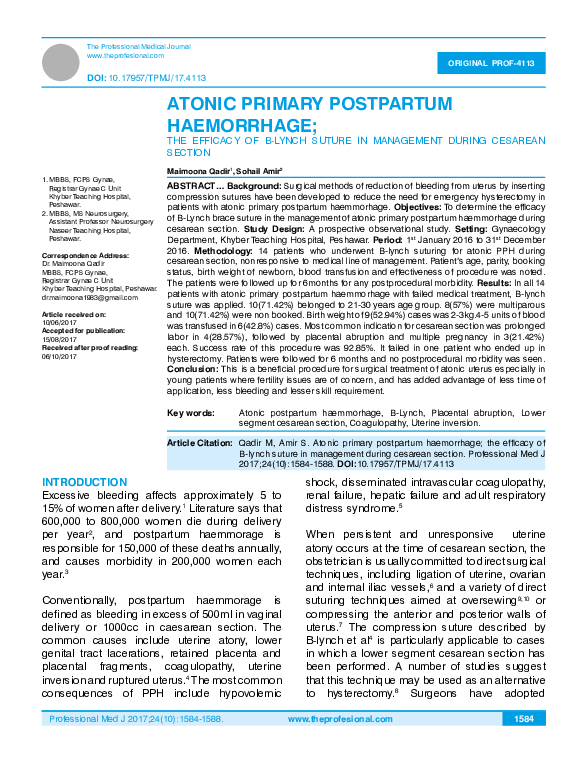 (PDF) Atonic Primary Postpartum Haemorrhage; the Efficacy of B-Lynch ...